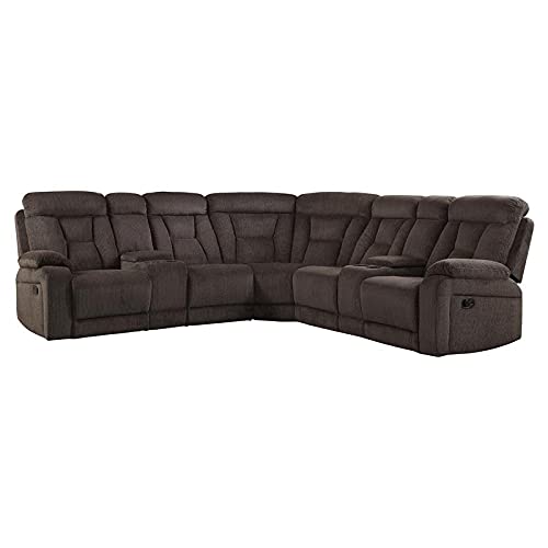 Pemberly Row Traditional 3-PC Chenille Consoles Reclining Sectional in Chocolate