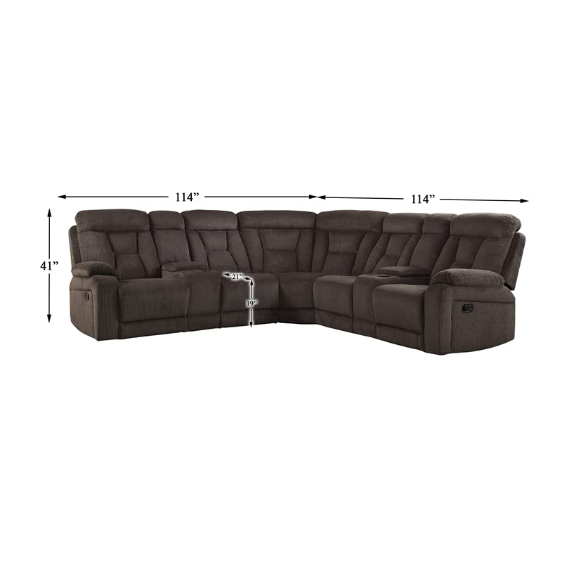 Pemberly Row Traditional 3-PC Chenille Consoles Reclining Sectional in Chocolate