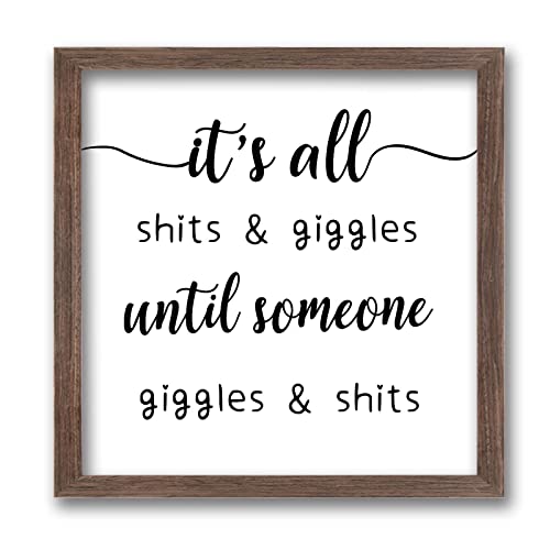 FINGERINSPIRE It's All Shits Art Sign Solid Wood Bathroom Sign with Arylic Layer 7x7 Inch Funny Bathroom Wall Art Large Hangable Wooden Frame for Bathroom Decor