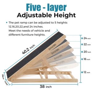 SweetBin Wooden Adjustable Pet Ramp for All Dogs and Cats - 41" Long and Adjustable from 12” to 24”- Up to 200LBS - Non Slip Carpet Surface and Foot Pads - Folding Dog Car Ramps for SUV, Bed, Couch