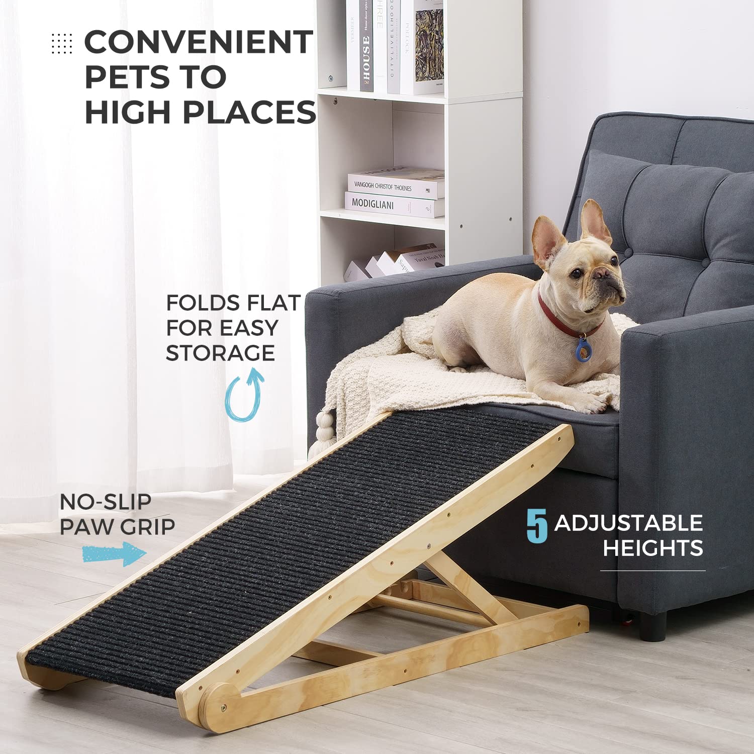 SweetBin Wooden Adjustable Pet Ramp for All Dogs and Cats - 41" Long and Adjustable from 12” to 24”- Up to 200LBS - Non Slip Carpet Surface and Foot Pads - Folding Dog Car Ramps for SUV, Bed, Couch