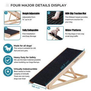 SweetBin Wooden Adjustable Pet Ramp for All Dogs and Cats - 41" Long and Adjustable from 12” to 24”- Up to 200LBS - Non Slip Carpet Surface and Foot Pads - Folding Dog Car Ramps for SUV, Bed, Couch