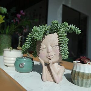 HUNTHAWK Face Planters Pots Unique for Indoor Outdoor Plants Resin Head Planter with Drainage Hole Cute Lady face with Closed Eyes (Light)