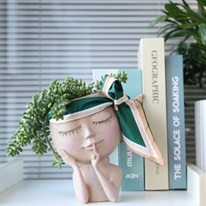 HUNTHAWK Face Planters Pots Unique for Indoor Outdoor Plants Resin Head Planter with Drainage Hole Cute Lady face with Closed Eyes (Light)