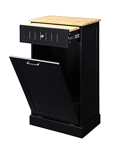 LUCKWIND Kitchen Cabinet Trash Can Holder Drawer – Stand Recycling Tilt Pull Garbage Wooden Cutting Board Removable Metal Handle 20” Wide (Black, Single)