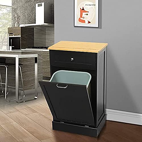 LUCKWIND Kitchen Cabinet Trash Can Holder Drawer – Stand Recycling Tilt Pull Garbage Wooden Cutting Board Removable Metal Handle 20” Wide (Black, Single)