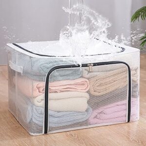 Baesyhom Clear Stackable Steel Metal Frame Clothes Storage Bins Foldable Fabric Storage Bag Closet Storage Bin Blanket Storage Container Organizer with Carrying Handles and Front Window, 3 Pack, 24L