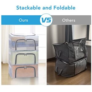 Baesyhom Clear Stackable Steel Metal Frame Clothes Storage Bins Foldable Fabric Storage Bag Closet Storage Bin Blanket Storage Container Organizer with Carrying Handles and Front Window, 3 Pack, 24L