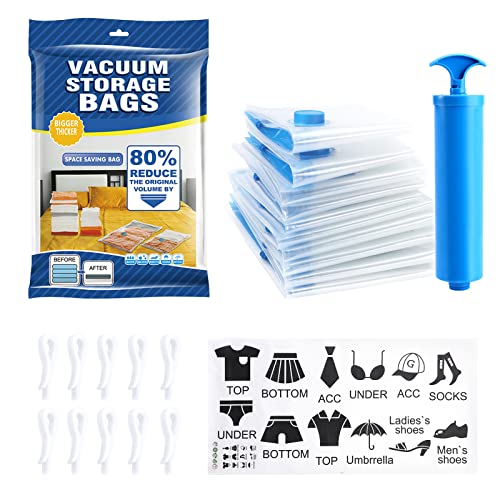 10 Pack Vacuum Storage Bags Double-Zip Seal - 80% More Space Saver Bags for Clothes, Blankets, Pillows - Vacuum Bags with Hand-Pump for Travel (1 Jumbo, 3 Large, 3 Medium, 3 Small)