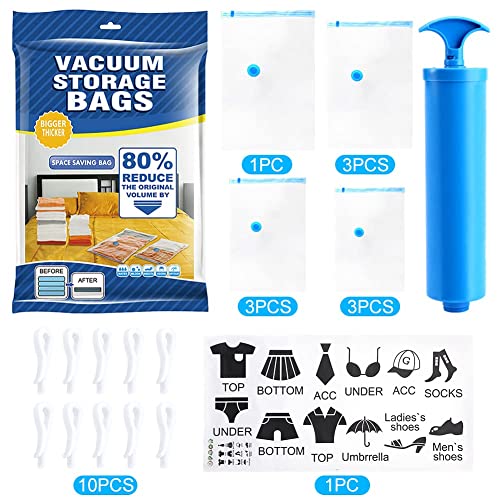 10 Pack Vacuum Storage Bags Double-Zip Seal - 80% More Space Saver Bags for Clothes, Blankets, Pillows - Vacuum Bags with Hand-Pump for Travel (1 Jumbo, 3 Large, 3 Medium, 3 Small)