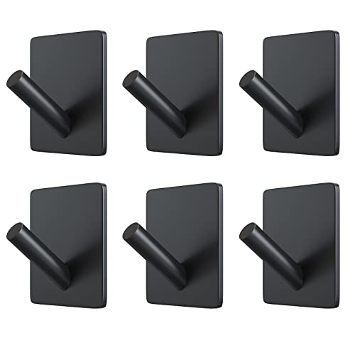 PMMASTO Adhesive Hooks Shower Heavy Duty Waterproof Aluminum Sticky Hooks for Hanging Hat Towel Coat Robe - Bathroom, Bedroom, RV & Kitchen - 6 PC（Black）