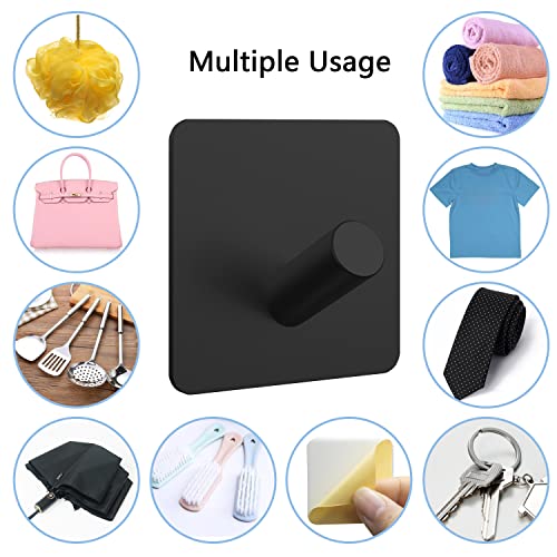 PMMASTO Adhesive Hooks Shower Heavy Duty Waterproof Aluminum Sticky Hooks for Hanging Hat Towel Coat Robe - Bathroom, Bedroom, RV & Kitchen - 6 PC（Black）