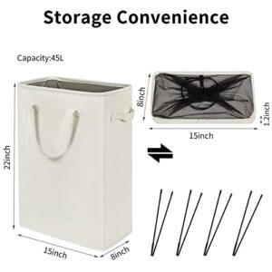 ZERO JET LAG Slim Laundry Hamper Beige and Grey Handles Collapsible Laundry Basket Thin Dirty Clothes Basket Narrow Laundry Bag Foldable Dirty Hamper