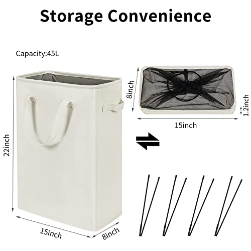 ZERO JET LAG Slim Laundry Hamper Beige and Black Handles Collapsible Laundry Basket Thin Dirty Clothes Basket Narrow Laundry Bag Foldable Dirty Hamper