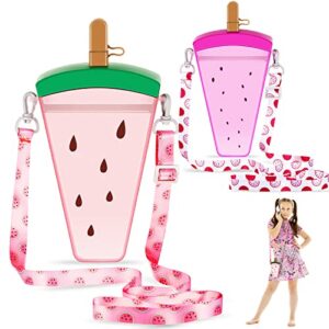 honeydak 2 pack cute water bottle watermelon kawaii plastic water bottles with adjustable shoulder strap for kids girls adult sports for milk tea juice leakproof (watermelon, pitaya)