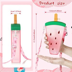 Honeydak 2 Pack Cute Water Bottle Watermelon Kawaii Plastic Water Bottles with Adjustable Shoulder Strap for Kids Girls Adult Sports for Milk Tea Juice Leakproof (Watermelon, Pitaya)