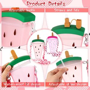 Honeydak 2 Pack Cute Water Bottle Watermelon Kawaii Plastic Water Bottles with Adjustable Shoulder Strap for Kids Girls Adult Sports for Milk Tea Juice Leakproof (Watermelon, Pitaya)