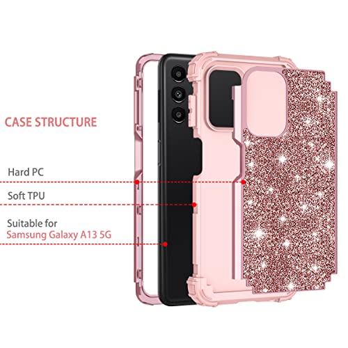 LONTECT for Galaxy A13 5G Case Glitter Sparkly Bling Shockproof Heavy Duty Hybrid Sturdy High Impact Protective Cover Case for Samsung Galaxy A13 5G 2021,Shiny Rose Gold