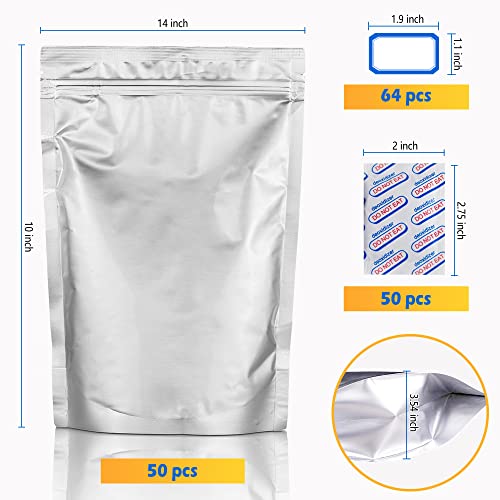 50 Pack Mylar Bags with 50 bags 300cc Oxy-Sorb 9.4 Mil Resealable Foil Ziplock Bags for Food Long Term Storage for Snack Cookies, Wheat (10"x14" )