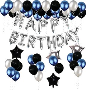 birthday party decoration -16inch silver happy birthday balloon, 18inch five-pointed stars balloons and 10inch blue black white balloons