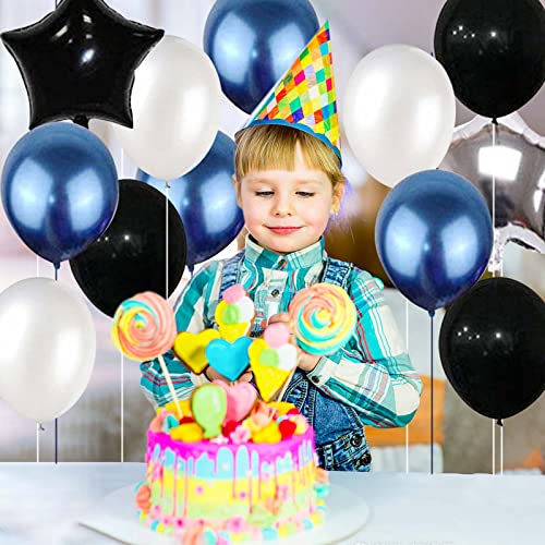 Birthday Party Decoration -16inch Silver Happy Birthday Balloon, 18inch Five-pointed Stars Balloons and 10inch Blue Black White Balloons