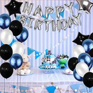 Birthday Party Decoration -16inch Silver Happy Birthday Balloon, 18inch Five-pointed Stars Balloons and 10inch Blue Black White Balloons