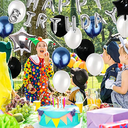 Birthday Party Decoration -16inch Silver Happy Birthday Balloon, 18inch Five-pointed Stars Balloons and 10inch Blue Black White Balloons