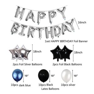 Birthday Party Decoration -16inch Silver Happy Birthday Balloon, 18inch Five-pointed Stars Balloons and 10inch Blue Black White Balloons