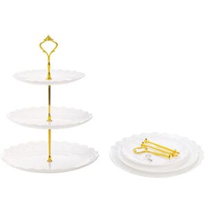 Tosnail 3 Pack 3 Tiers White Plastic Cupcake Stand Dessert Stand Tiered Serving Trays with 3 Styles Gold Rod, Party Serving Trays Fruit Pastry Holders for Wedding and Party - Heart and Flower Embossed