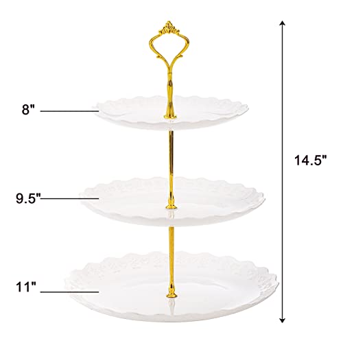 Tosnail 3 Pack 3 Tiers White Plastic Cupcake Stand Dessert Stand Tiered Serving Trays with 3 Styles Gold Rod, Party Serving Trays Fruit Pastry Holders for Wedding and Party - Heart and Flower Embossed