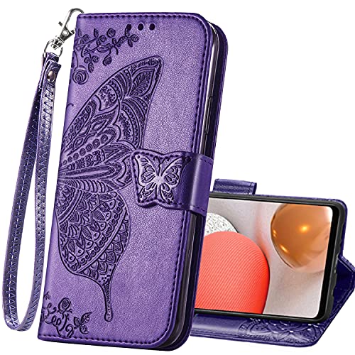 HAOTP Moto G Pure Wallet Case - Embossed Butterfly Flower, PU Leather Flip Stand, Card Slots & Wrist Strap - Purple