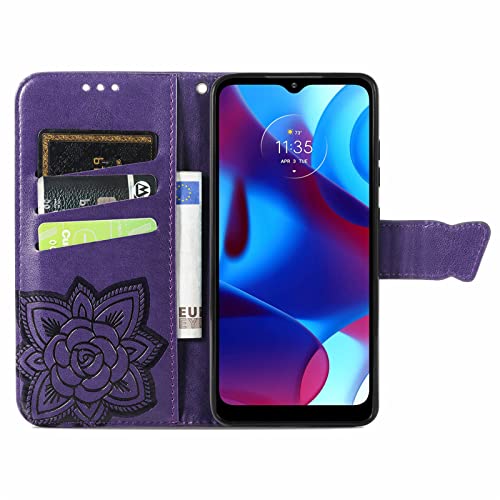 HAOTP Moto G Pure Wallet Case - Embossed Butterfly Flower, PU Leather Flip Stand, Card Slots & Wrist Strap - Purple