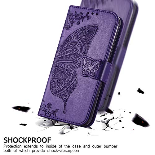 HAOTP Moto G Pure Wallet Case - Embossed Butterfly Flower, PU Leather Flip Stand, Card Slots & Wrist Strap - Purple