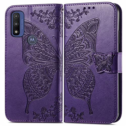 HAOTP Moto G Pure Wallet Case - Embossed Butterfly Flower, PU Leather Flip Stand, Card Slots & Wrist Strap - Purple