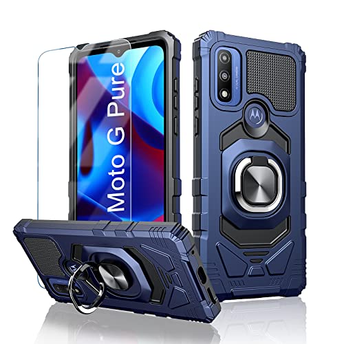 for Motorola Moto G Pure Case: with Tempered Screen Protector & Built in 360° Adjustable Ring Kickstand Shockproof Protection TPU Bumper Armor Design Phone Cover for Moto G Pure - Blue