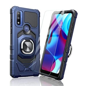 for Motorola Moto G Pure Case: with Tempered Screen Protector & Built in 360° Adjustable Ring Kickstand Shockproof Protection TPU Bumper Armor Design Phone Cover for Moto G Pure - Blue