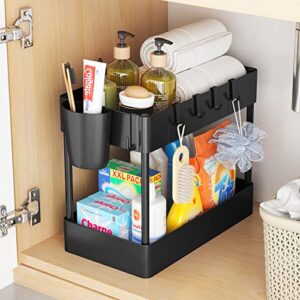 aiyaka under sink organizer, 2 tier storage rack, under cabinet organizer baskets with 6 hooks and 1 cup for bathroom kitchen pantry bedroom, black