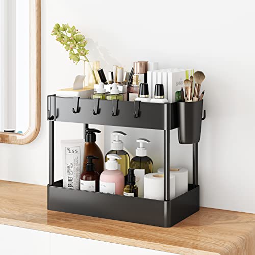 AIYAKA Under Sink Organizer, 2 Tier Storage Rack, Under Cabinet Organizer Baskets With 6 Hooks And 1 Cup For Bathroom Kitchen Pantry Bedroom, Black