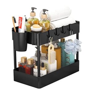 AIYAKA Under Sink Organizer, 2 Tier Storage Rack, Under Cabinet Organizer Baskets With 6 Hooks And 1 Cup For Bathroom Kitchen Pantry Bedroom, Black