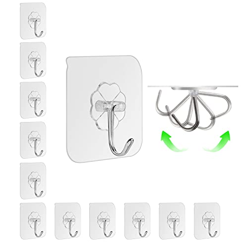 BIEOFFEI Wall Hooks - 12 Packs Adhesive Hooks Heavy Duty 33lb (Max), Reusable Bathroom Hooks, Waterproof and Oilproof Seamless Strong Hooks for Kitchen Bathroom Home and Office