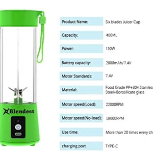 Blendest Portable Blender, USB Travel Juice Cup Personal Travel Blender Baby Food Mixing Machine with Updated 6 Blades with Powerful Motor Speed 18,000 rpm Rechargeable Battery,13.5 OZ (400ml) Green