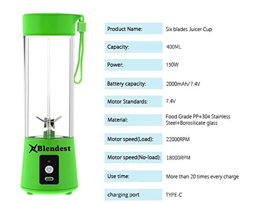 Blendest Portable Blender, USB Travel Juice Cup Personal Travel Blender Baby Food Mixing Machine with Updated 6 Blades with Powerful Motor Speed 18,000 rpm Rechargeable Battery,13.5 OZ (400ml) Green