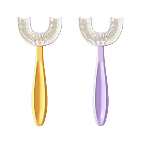 U Shaped Toothbrush Kids 6-12 Years Old- Two Premium Soft Toothbrushes Come with Travel Case & - Sensory Toothbrush - Rounded Toothbrush Kids Size Head Makes Brushing Fun & Easy - 1 Purple, 1 Yellow