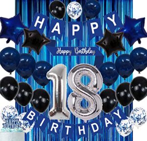 navy blue 18th birthday decorations for boys girls - navy blue and black silver birthday party supplies include blue happy birthday banner, sash, balloons and background curtain for 18th birthday party decorations (18th)