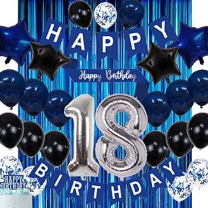 Navy Blue 18th Birthday Decorations for Boys Girls - Navy Blue and Black Silver Birthday Party Supplies Include Blue Happy Birthday Banner, Sash, Balloons and Background Curtain for 18th Birthday Party decorations (18th)