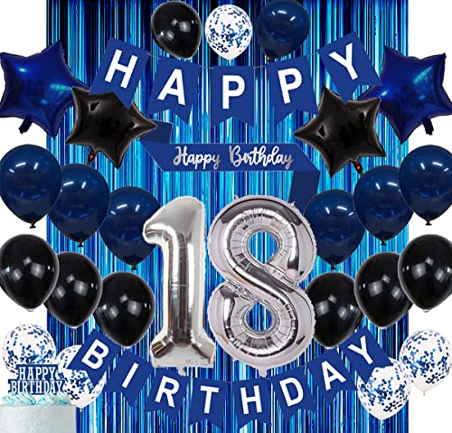 Navy Blue 18th Birthday Decorations for Boys Girls - Navy Blue and Black Silver Birthday Party Supplies Include Blue Happy Birthday Banner, Sash, Balloons and Background Curtain for 18th Birthday Party decorations (18th)