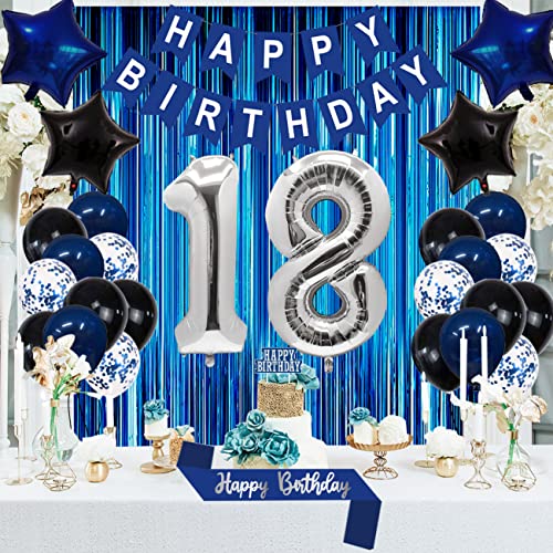 Navy Blue 18th Birthday Decorations for Boys Girls - Navy Blue and Black Silver Birthday Party Supplies Include Blue Happy Birthday Banner, Sash, Balloons and Background Curtain for 18th Birthday Party decorations (18th)