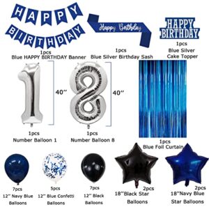 Navy Blue 18th Birthday Decorations for Boys Girls - Navy Blue and Black Silver Birthday Party Supplies Include Blue Happy Birthday Banner, Sash, Balloons and Background Curtain for 18th Birthday Party decorations (18th)