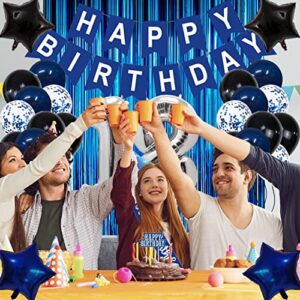 Navy Blue 18th Birthday Decorations for Boys Girls - Navy Blue and Black Silver Birthday Party Supplies Include Blue Happy Birthday Banner, Sash, Balloons and Background Curtain for 18th Birthday Party decorations (18th)