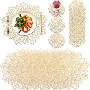 chengu 24 pcs round pressed vinyl placemats metallic place mat coaster set including placemats and coasters non slip heat resistant washable table mats for dining table kitchen decoration (gold)